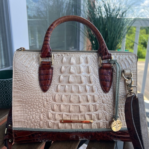 Brahmin | Bags | Brahmin Cream And Brown Textured Satchel | Poshmark